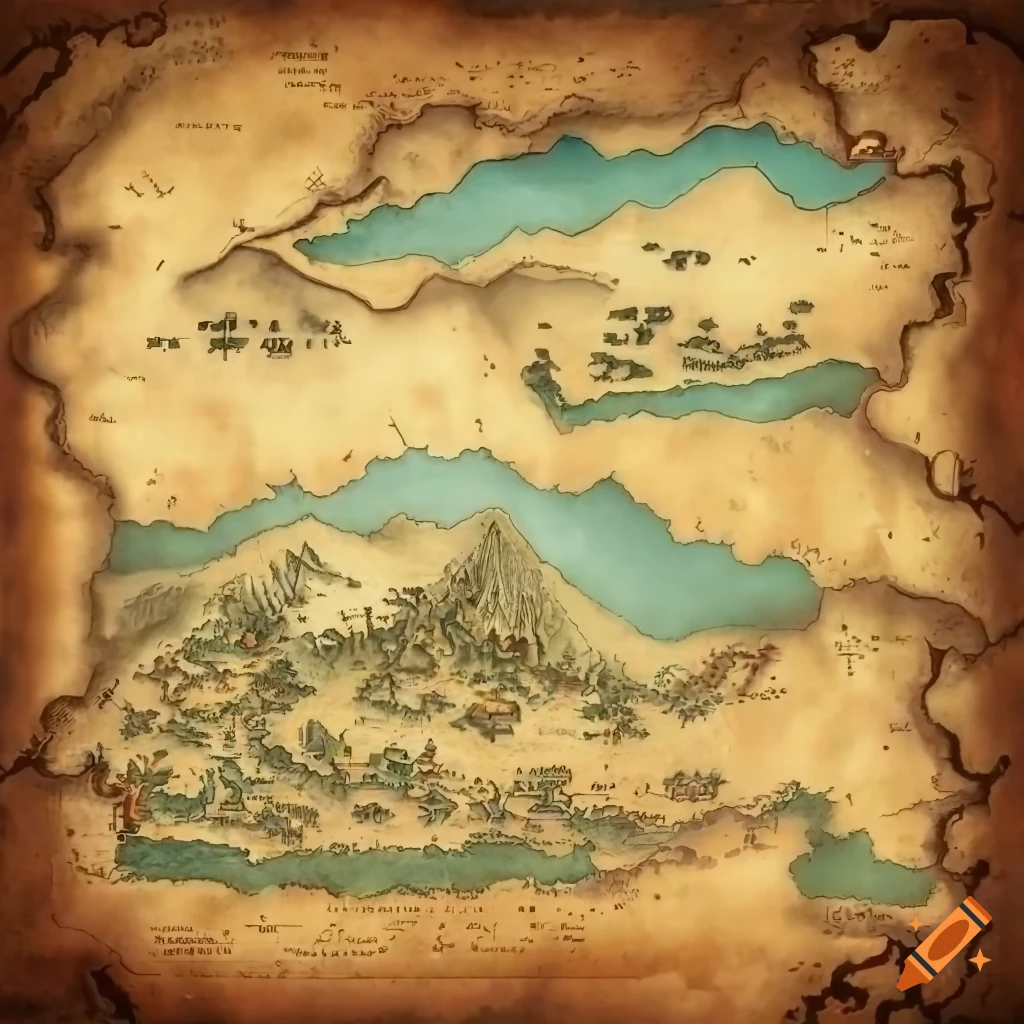 Vintage relic map with mountains, battleground, and villages on Craiyon