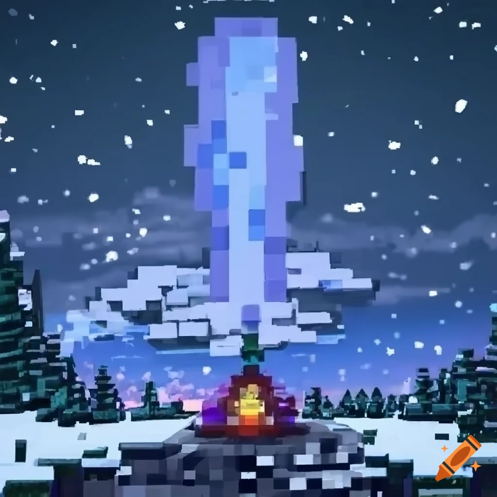 Cell shaded minecraft with a snowy winter landscape on Craiyon