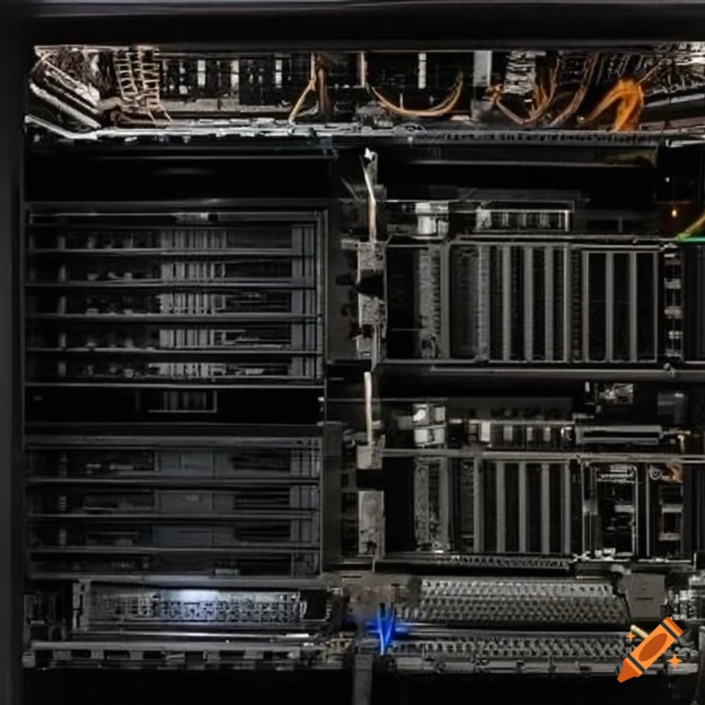 Electronic wall studio rows plugged into matrix machine on Craiyon
