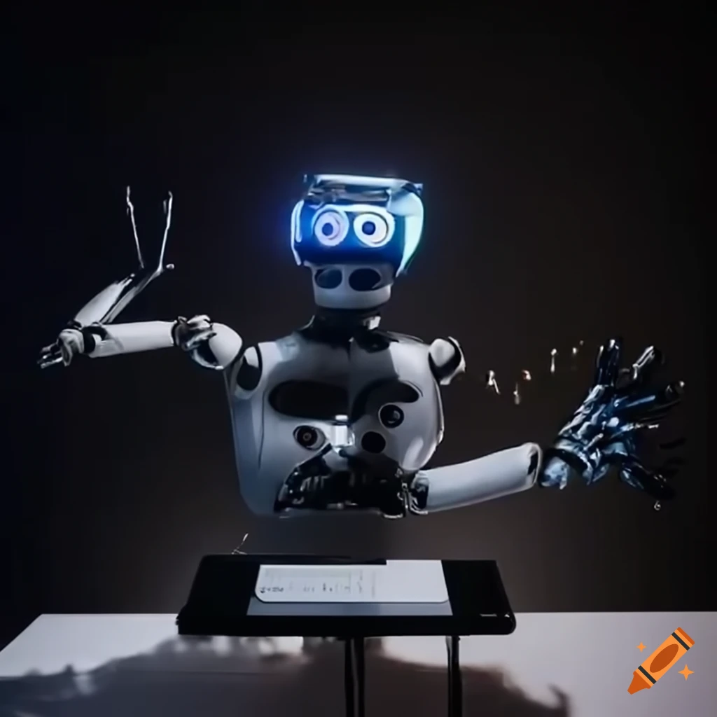 Artistic representation of a panicking robot at a desk on Craiyon