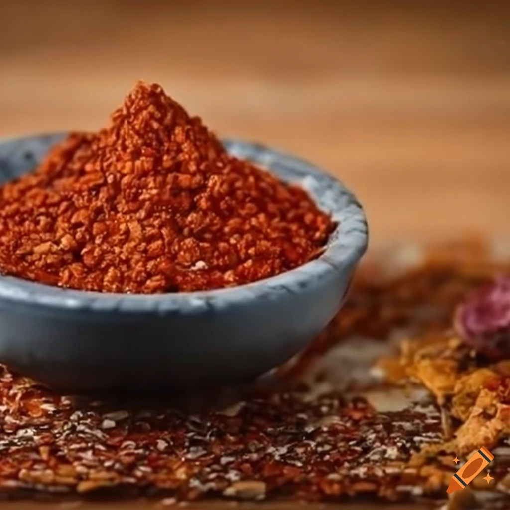 Bowl of dry ground harissa mix spices for a family meal on Craiyon