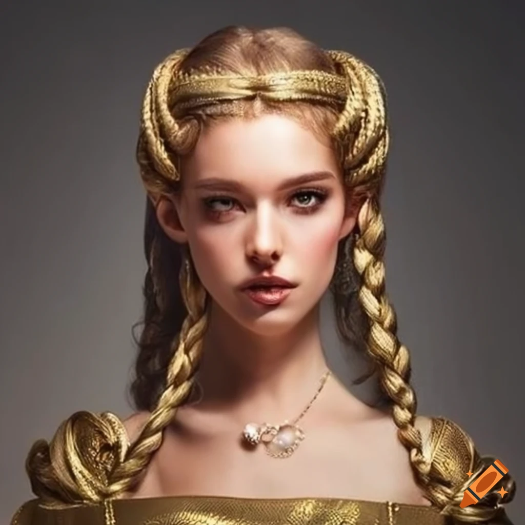 Medieval princess twins with red hair and green eyes in golden dresses ...