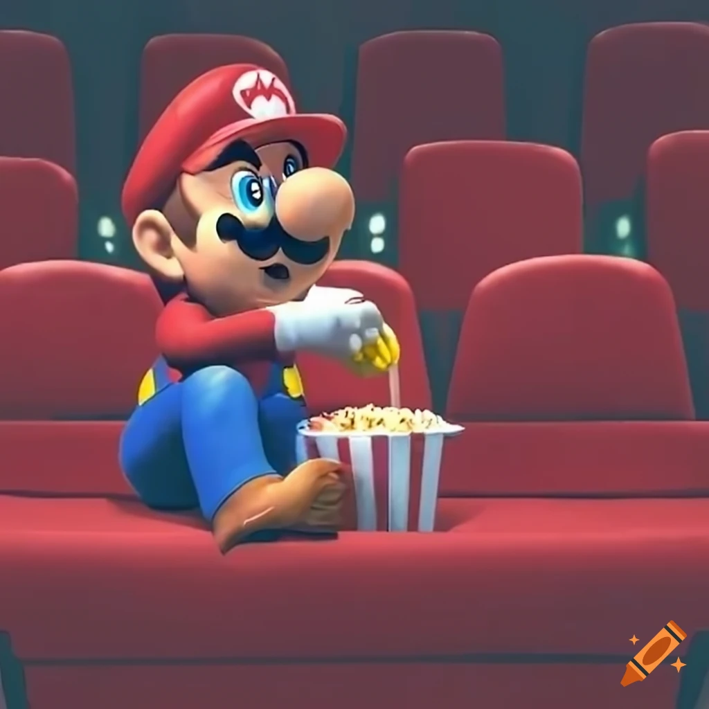 Yoshi and Mario enjoying popcorn in a red theater on Craiyon