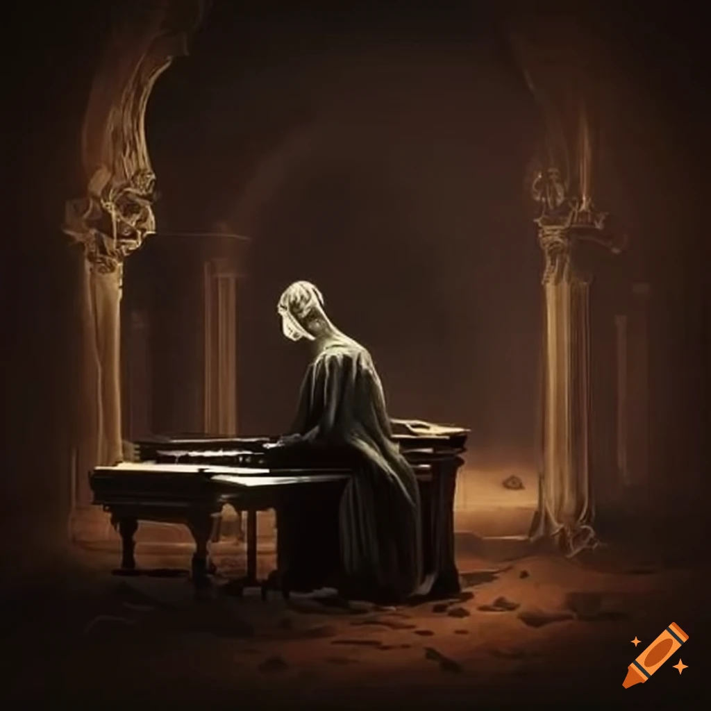 Image of a pianist in a desolate land