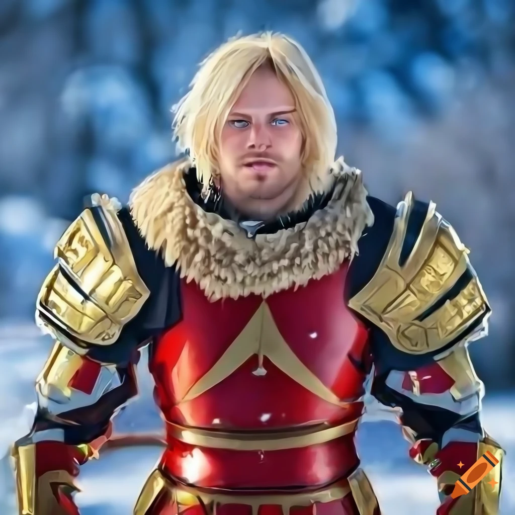 Portrait of a smiling man in red and gold armor on Craiyon