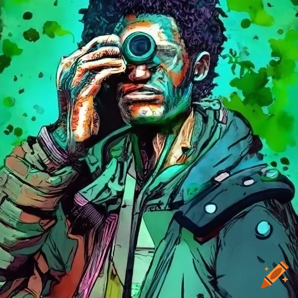 Illustration of a dark-skinned man with futuristic binoculars in a ...