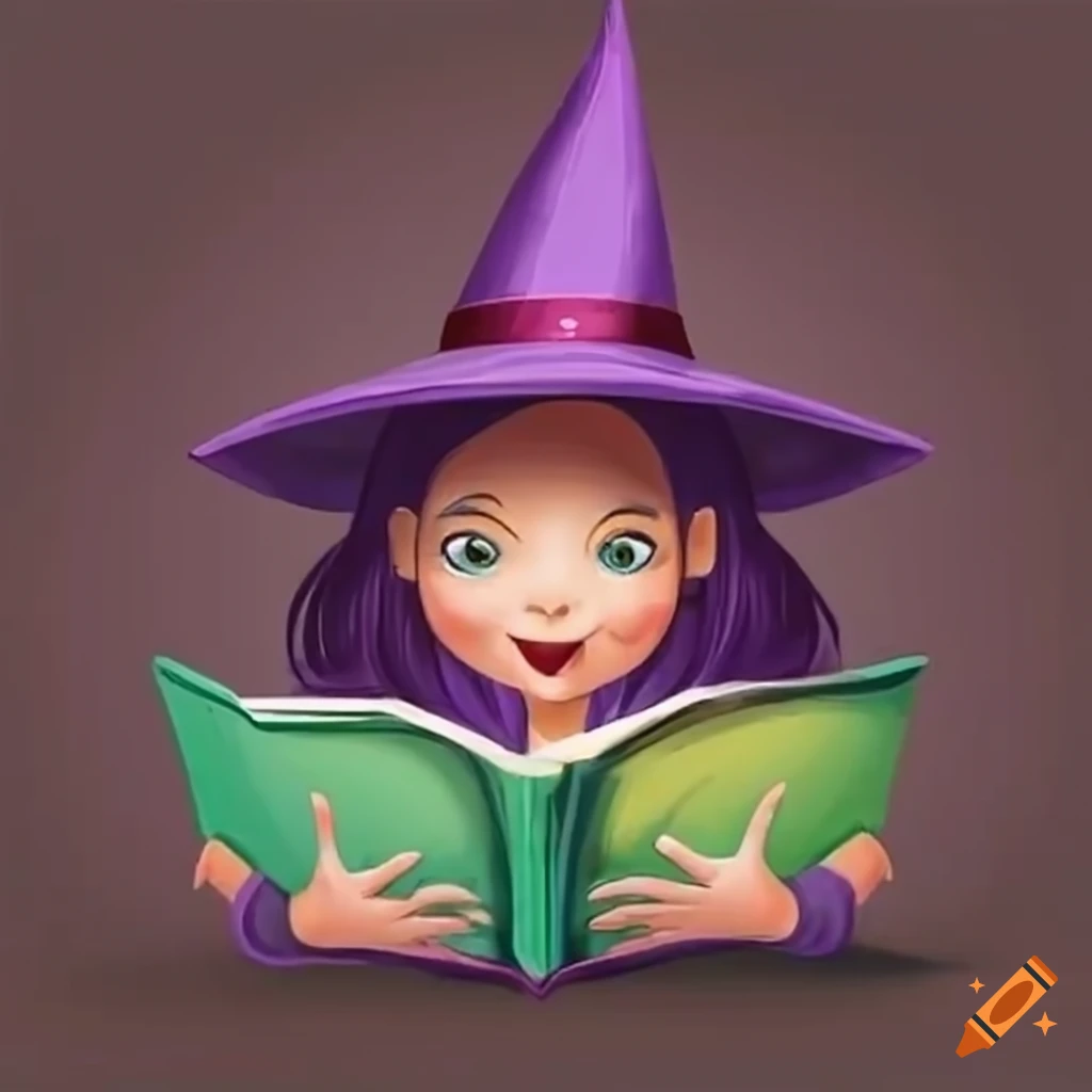 Animation of a friendly witch reading to children on Craiyon