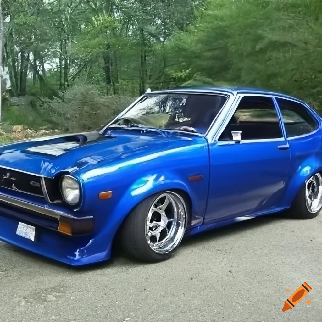 Blue modified 1974 toyota corolla hot rod on Craiyon