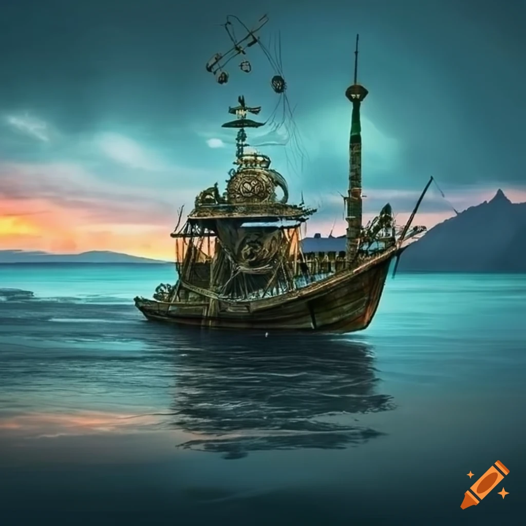 Surreal steampunk artwork with giant boats on a beach on Craiyon