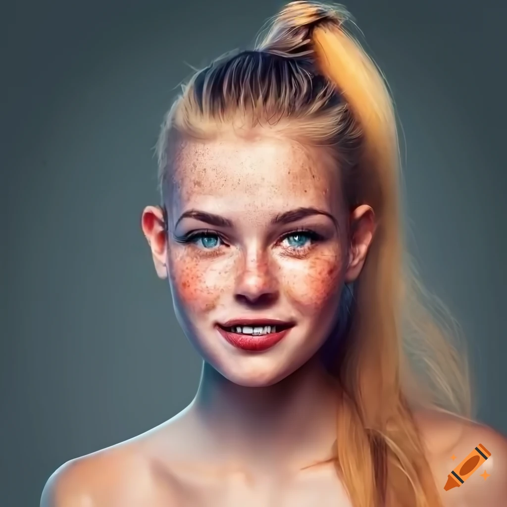 Portrait Of A Beautiful Young Woman With Freckles And Blonde Hair On