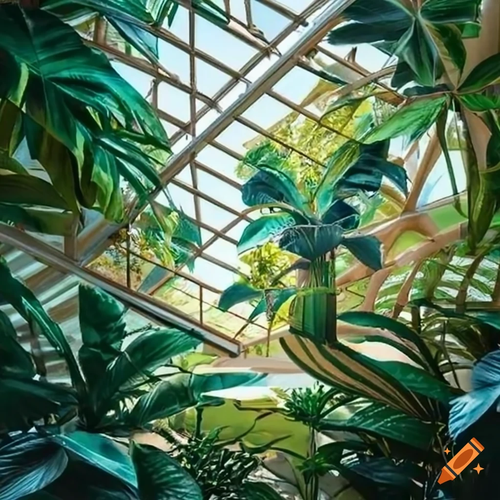 Glass conservatory with tropical plants under a lattice glass ceiling