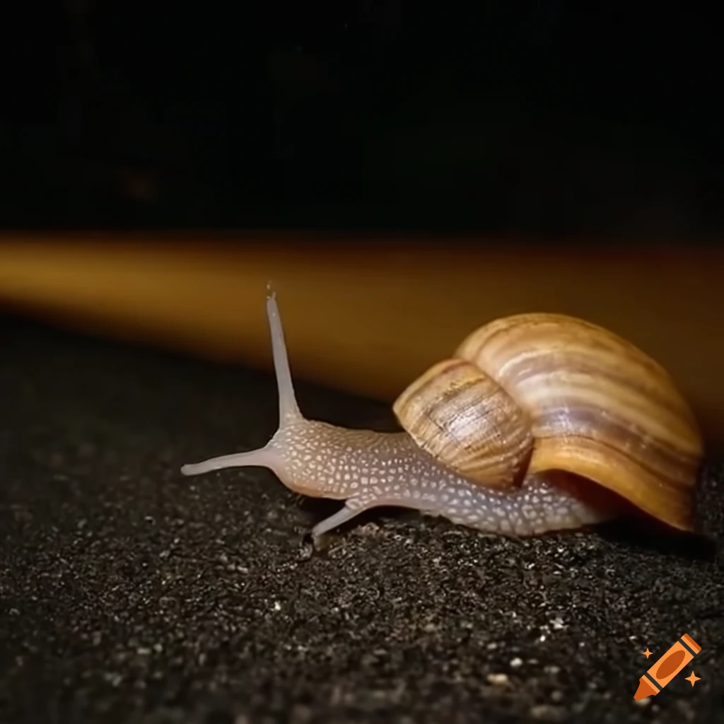 Night photography of a snail on a highway