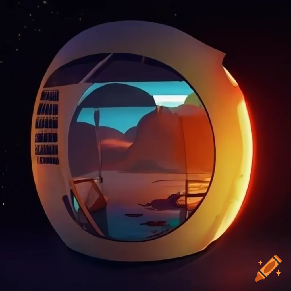 Technical drawing of a Japanese retro futuristic modular pop-up camper tent space colony pod on ...