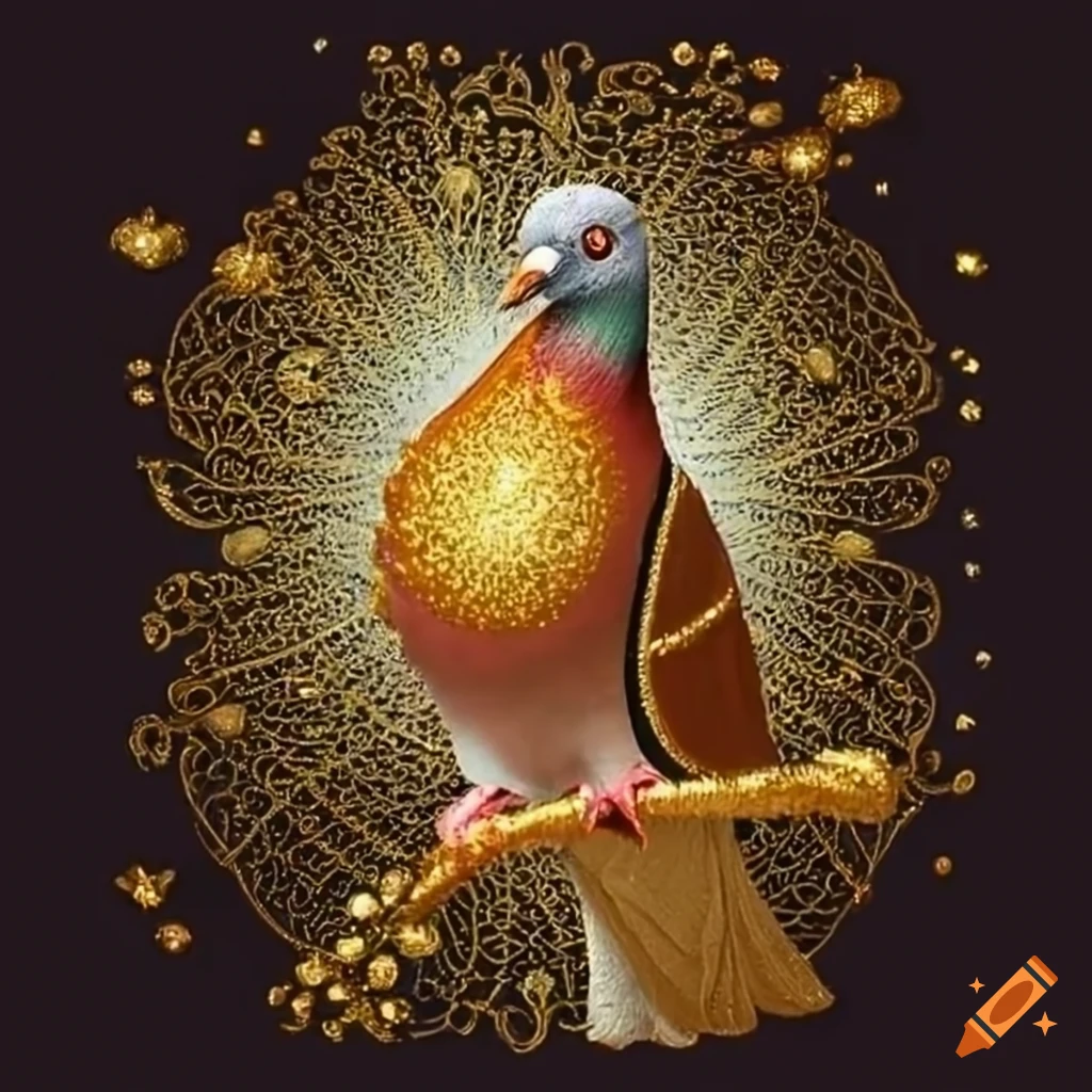 Golden embroidered pigeon with a radiant glow
