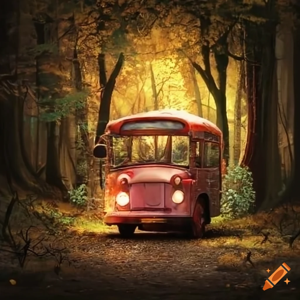 Illustration of a fairy driving a bus in the woods
