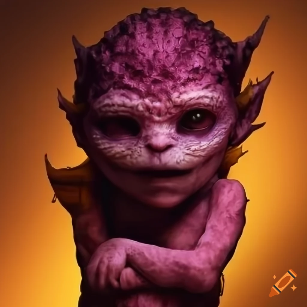 Pallid blue humanoid lizard with four eyes in a mechanical city on Craiyon