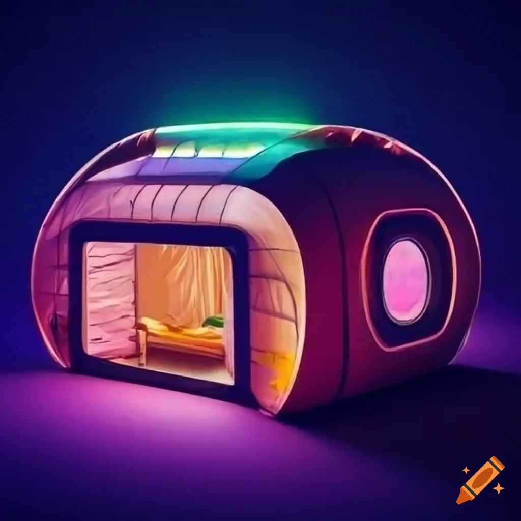 Technical drawing of a Japanese retro futuristic modular pop-up camper tent space colony pod on ...