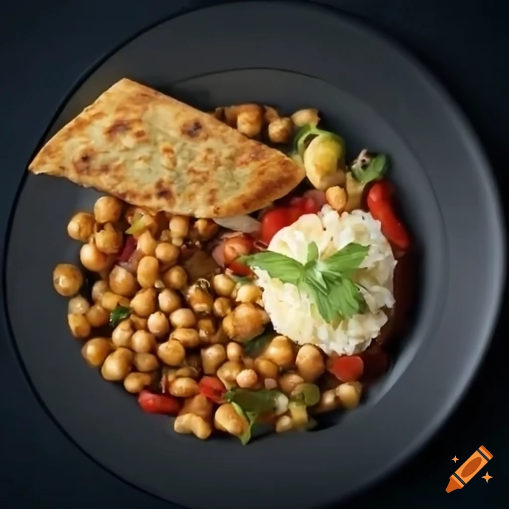 Delicious vegetarian plate with chickpeas, rice, and vegetable omelette
