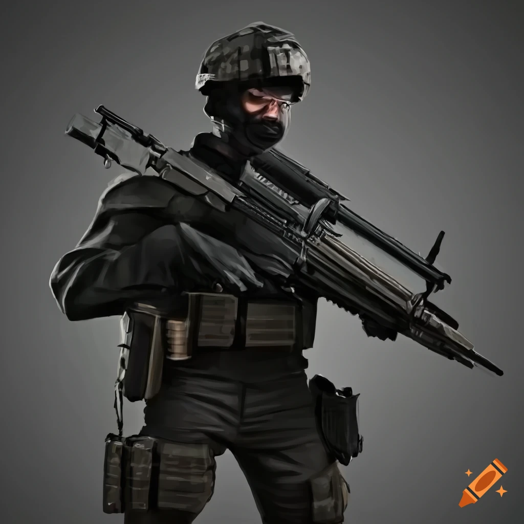 Soldier in black uniform with heavy weaponry