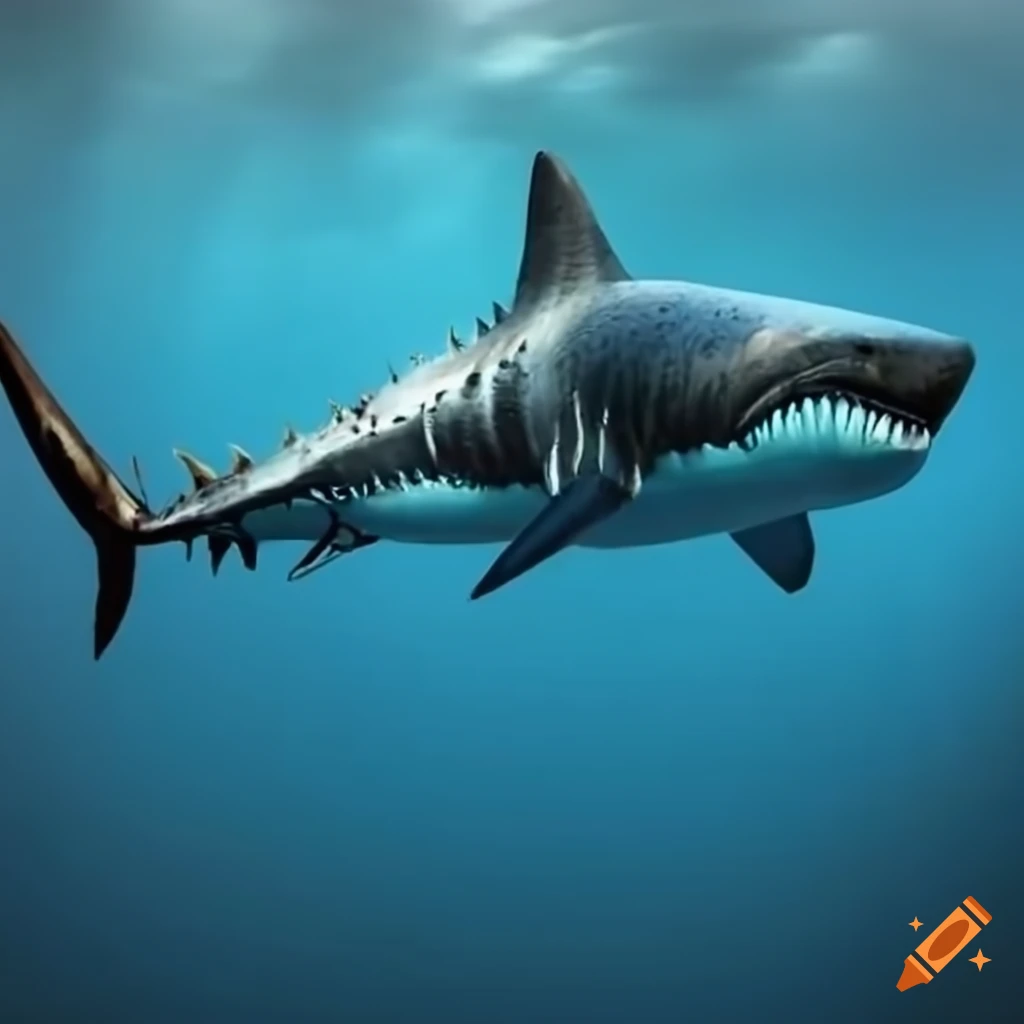 Image of a megalodon near an oil rig