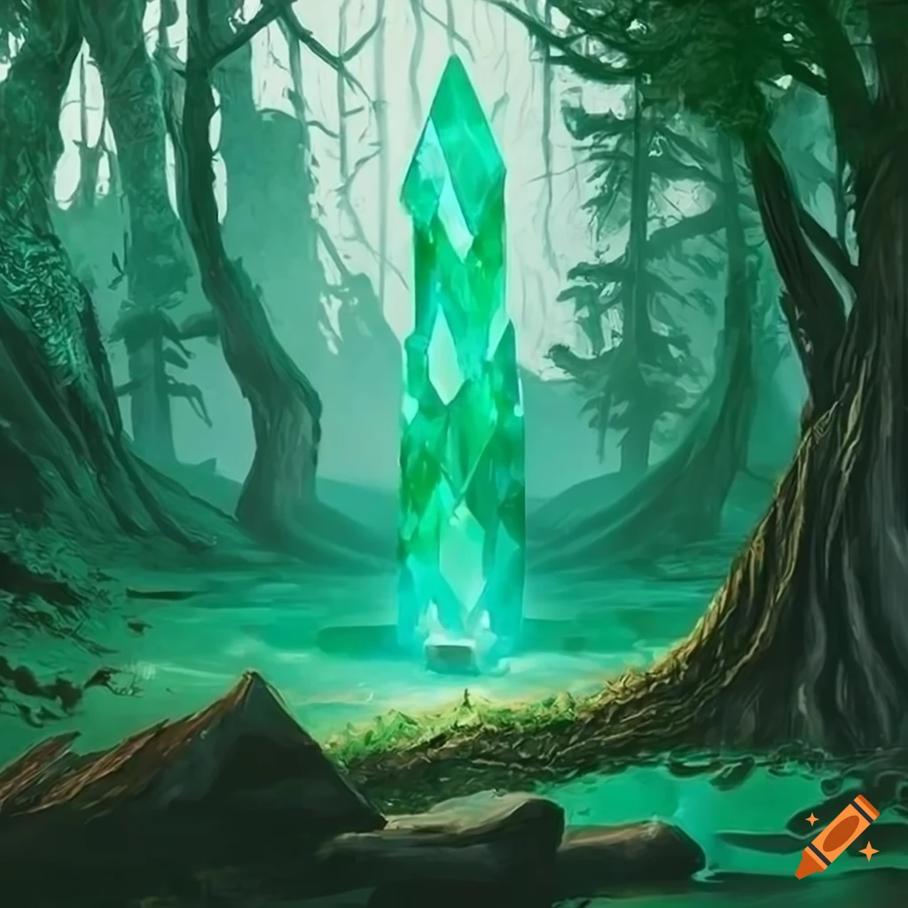 Epic forest landscape with emerald jewel crystal on Craiyon