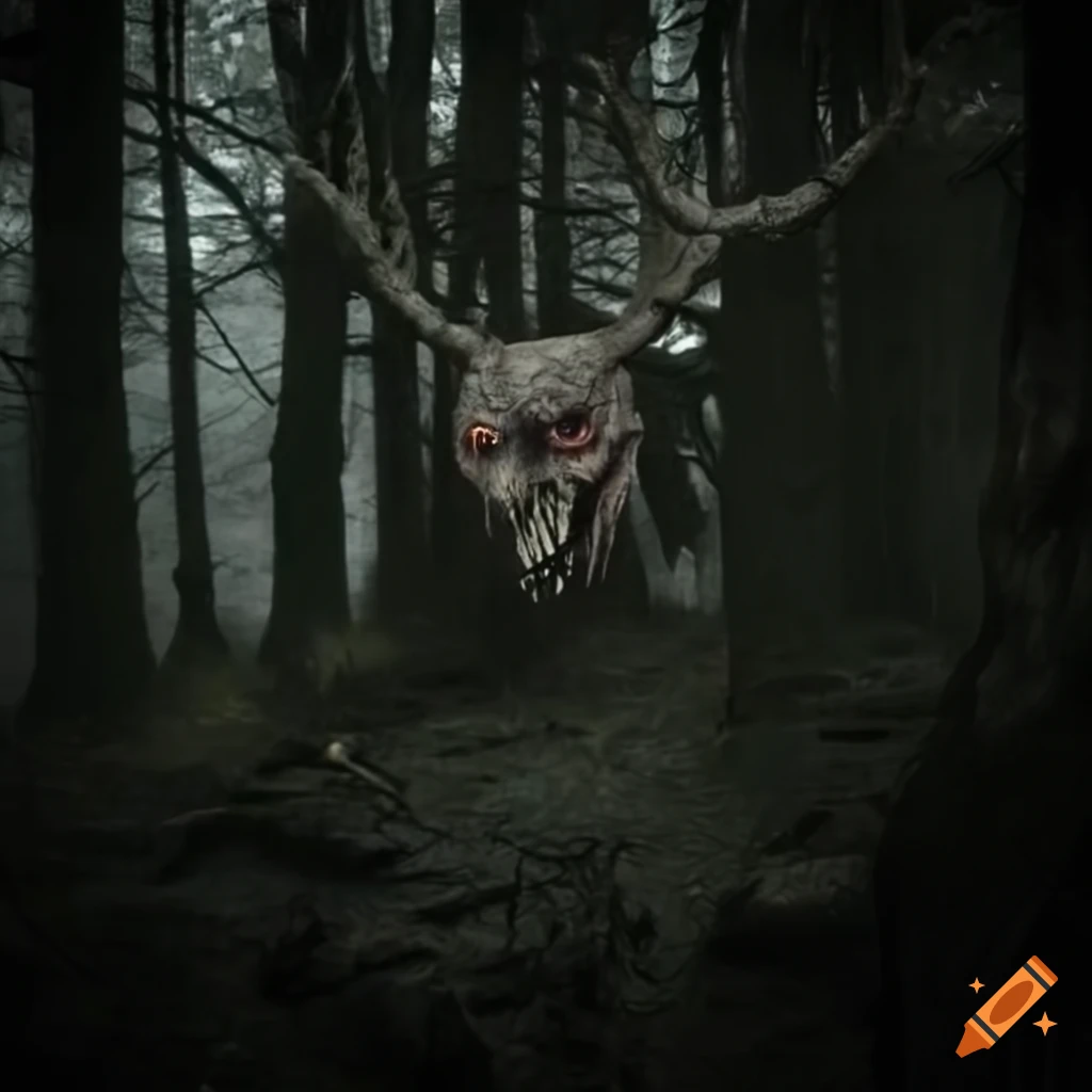 Illustration of a scary wendigo in a dark forest on Craiyon