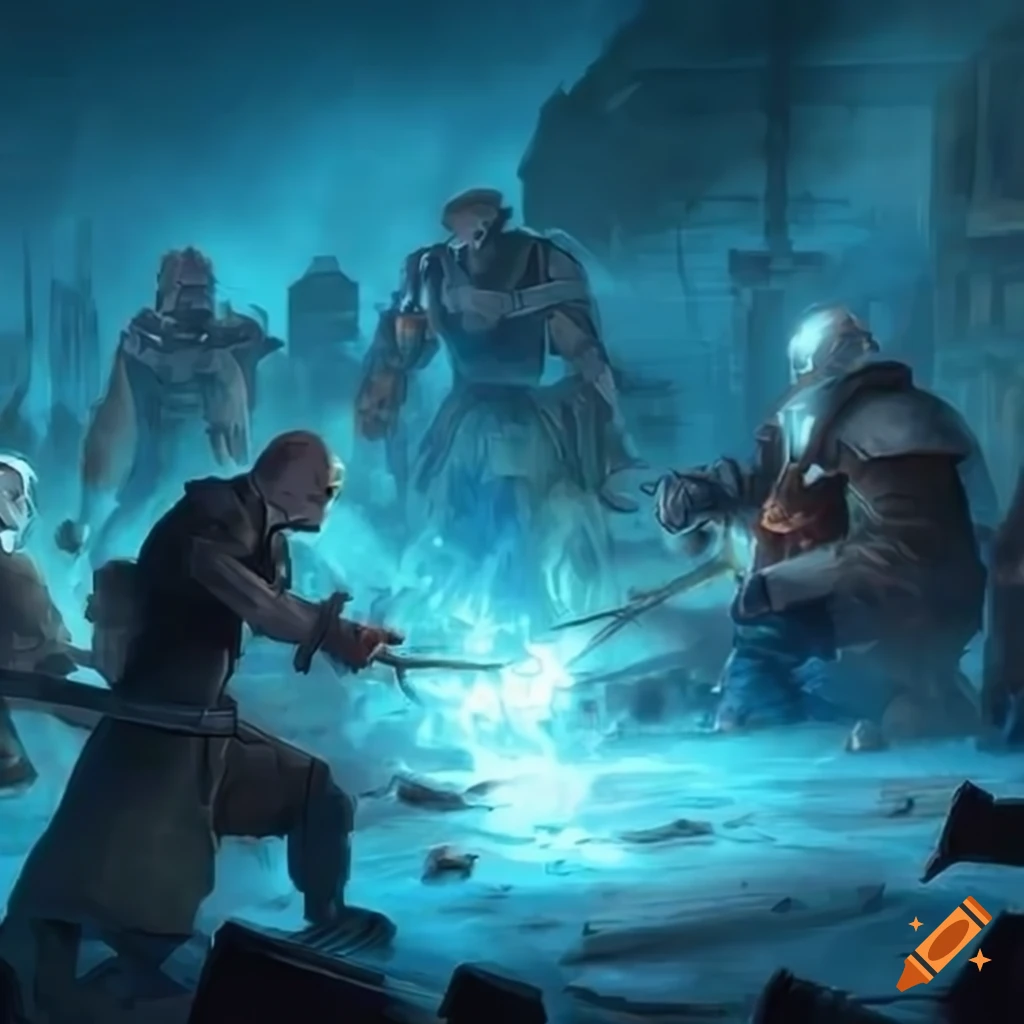 Blue fire forge with workers crafting weapons and armor on Craiyon