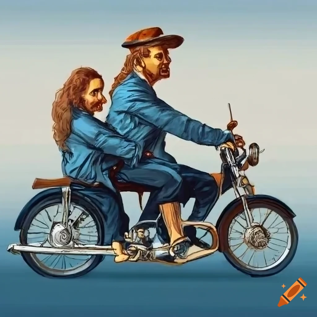 Cartoon-style image of three men on a motorcycle on Craiyon