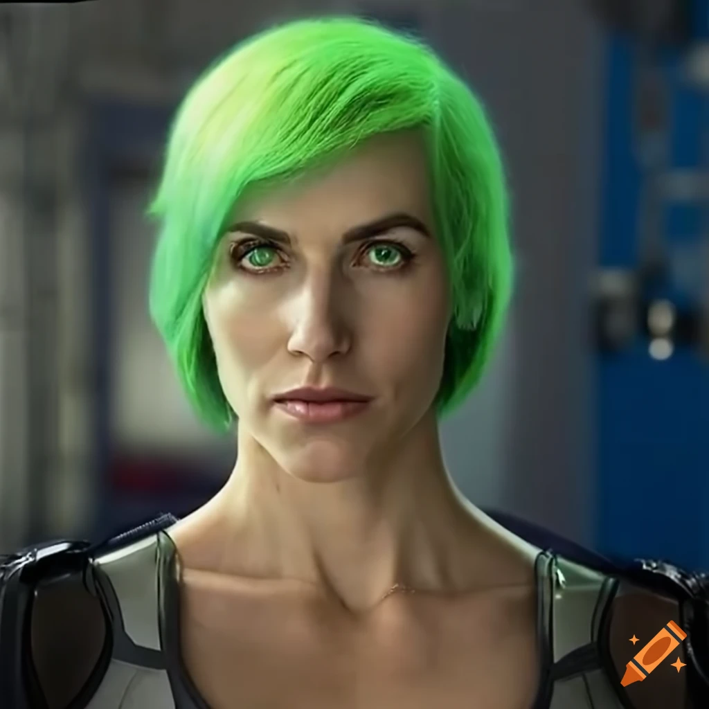 Digital artwork of a futuristic woman with green hair and eyes on Craiyon