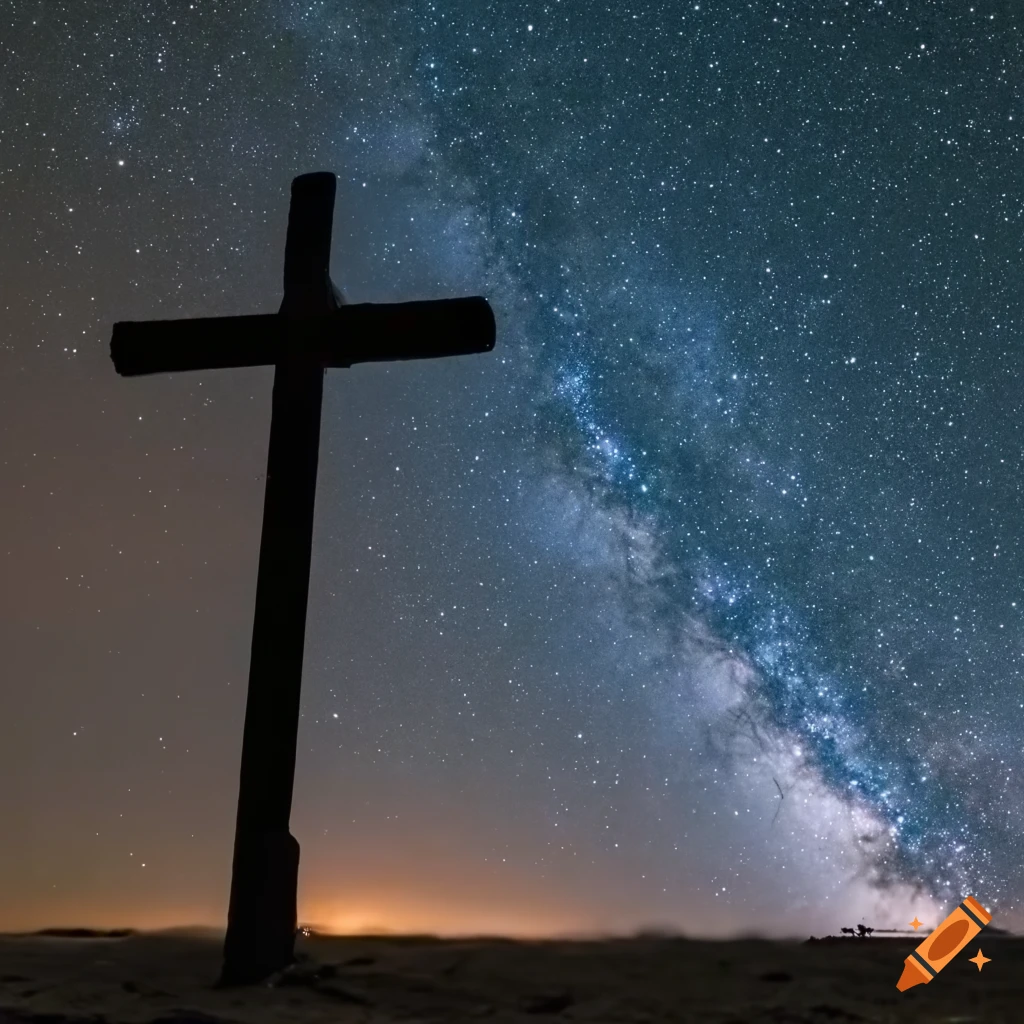 Illuminated cross and books under a starry night sky on Craiyon