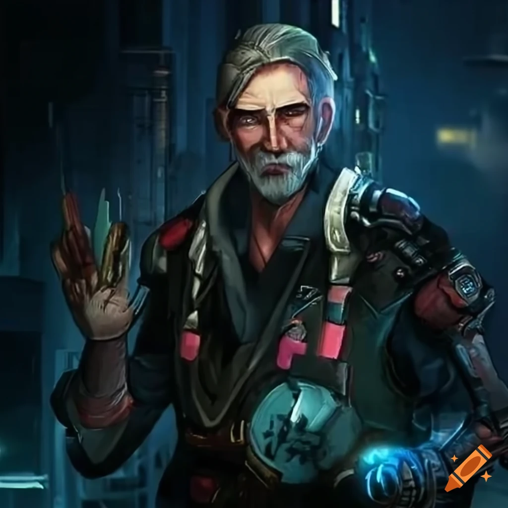 Portrait of a mature cyberpunk mechanic