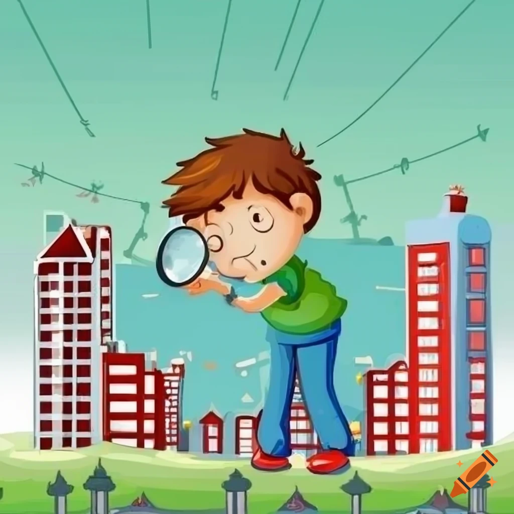 Illustration of a boy exploring a miniature city with a magnifying ...
