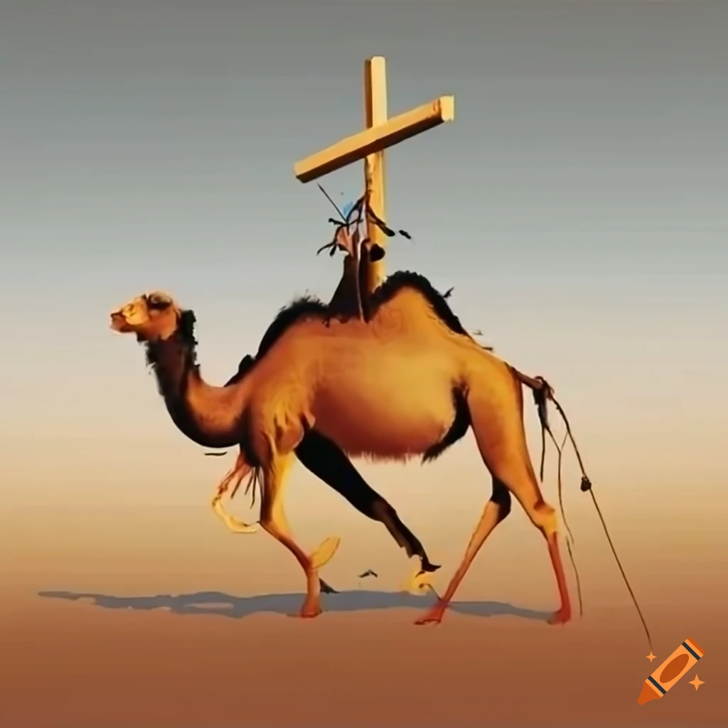 Camel crossing a creek with a cross on the other side on Craiyon