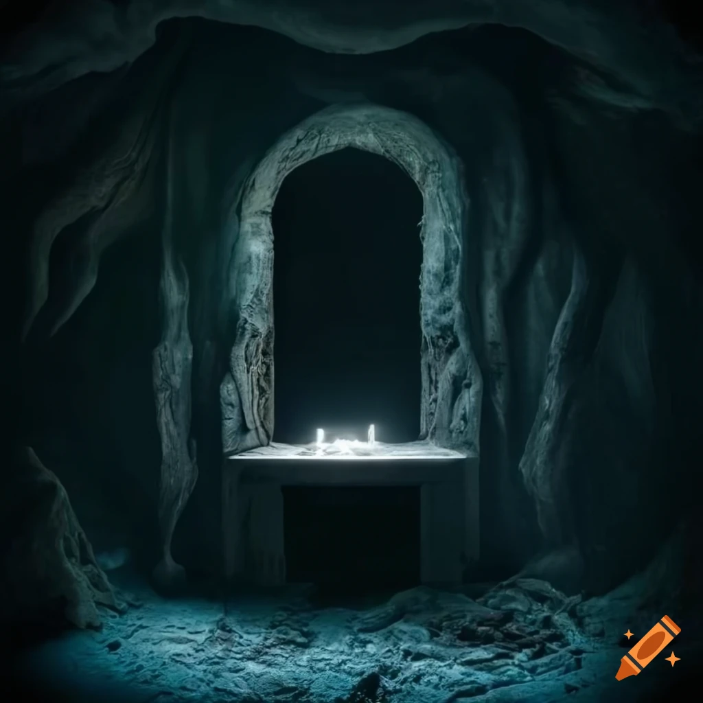 Haunting image of a cave with tangled roots