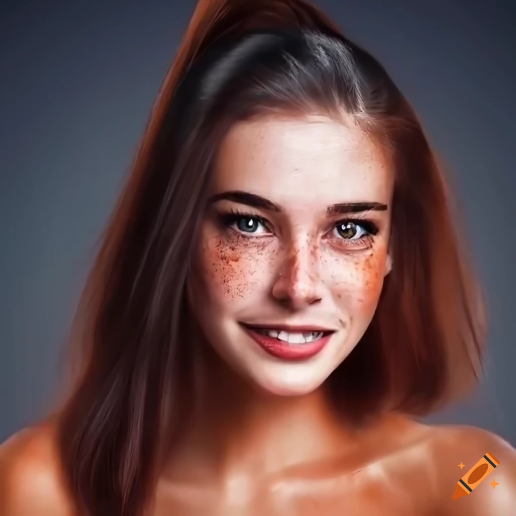 Close-up portrait of a beautiful woman with freckles and a high ponytail on Craiyon