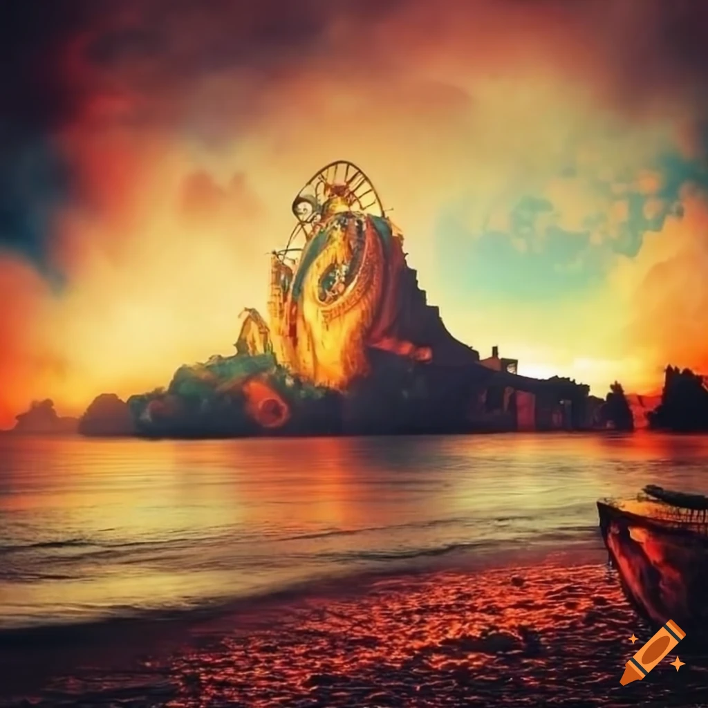 Surreal steampunk crab boat on a beach at sunset on Craiyon