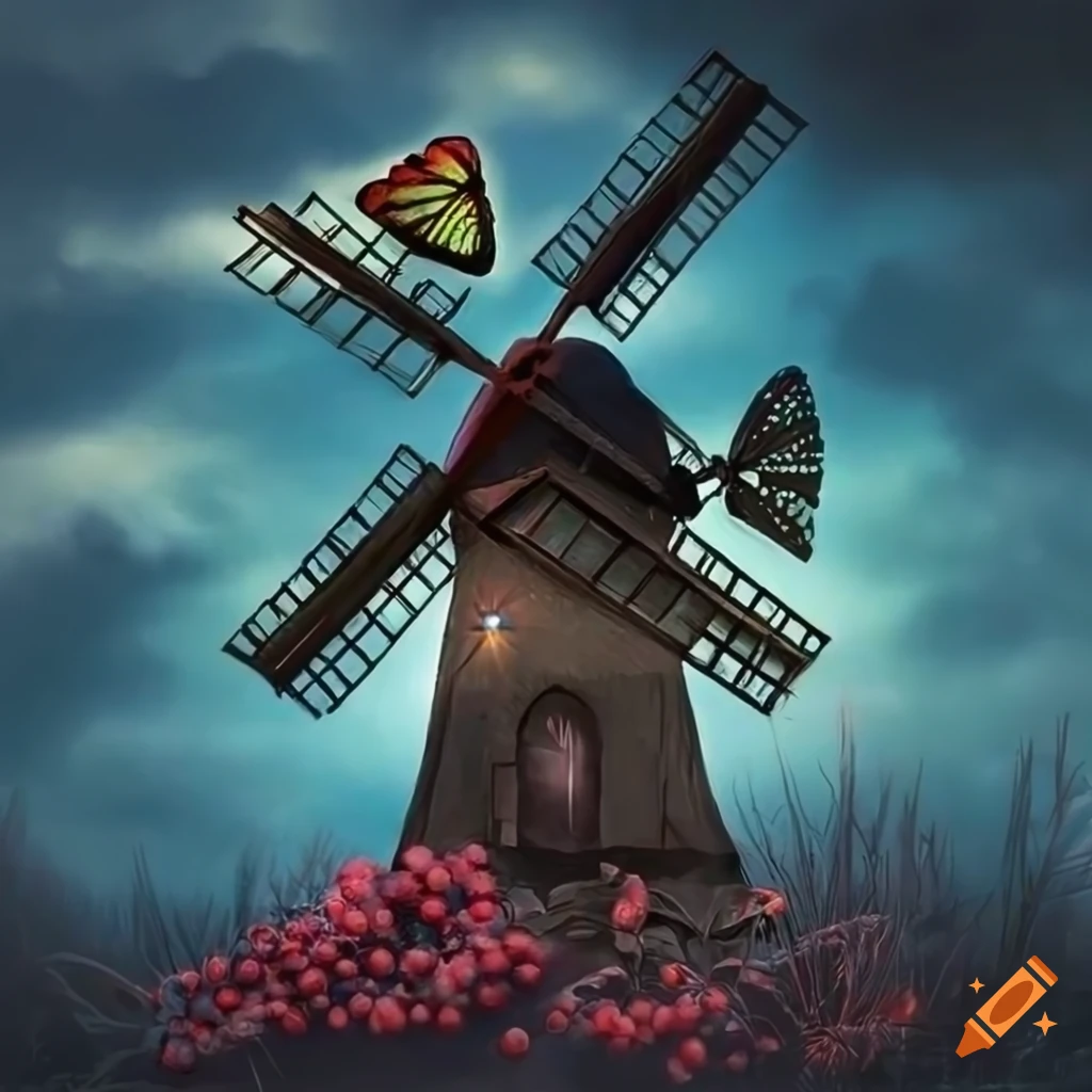 Artistic depiction of a magical windmill with butterflies and cloudy ...