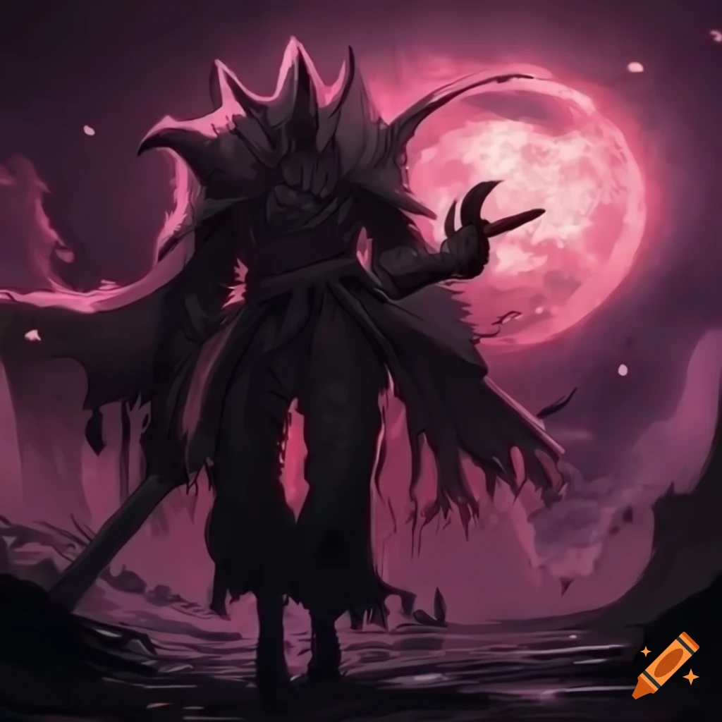 Anime illustration of a knight facing a dark monster under a moonlit ...