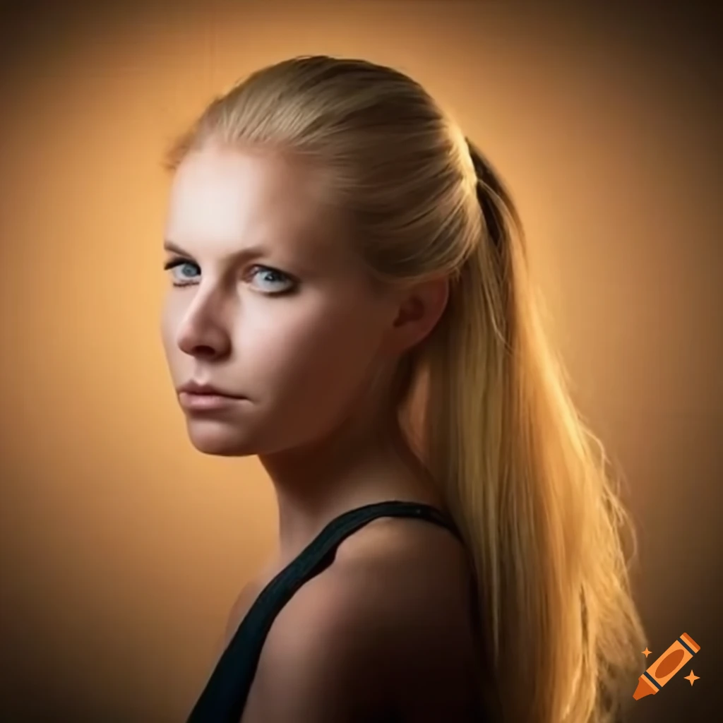 Portrait of a woman with a long blond ponytail on Craiyon