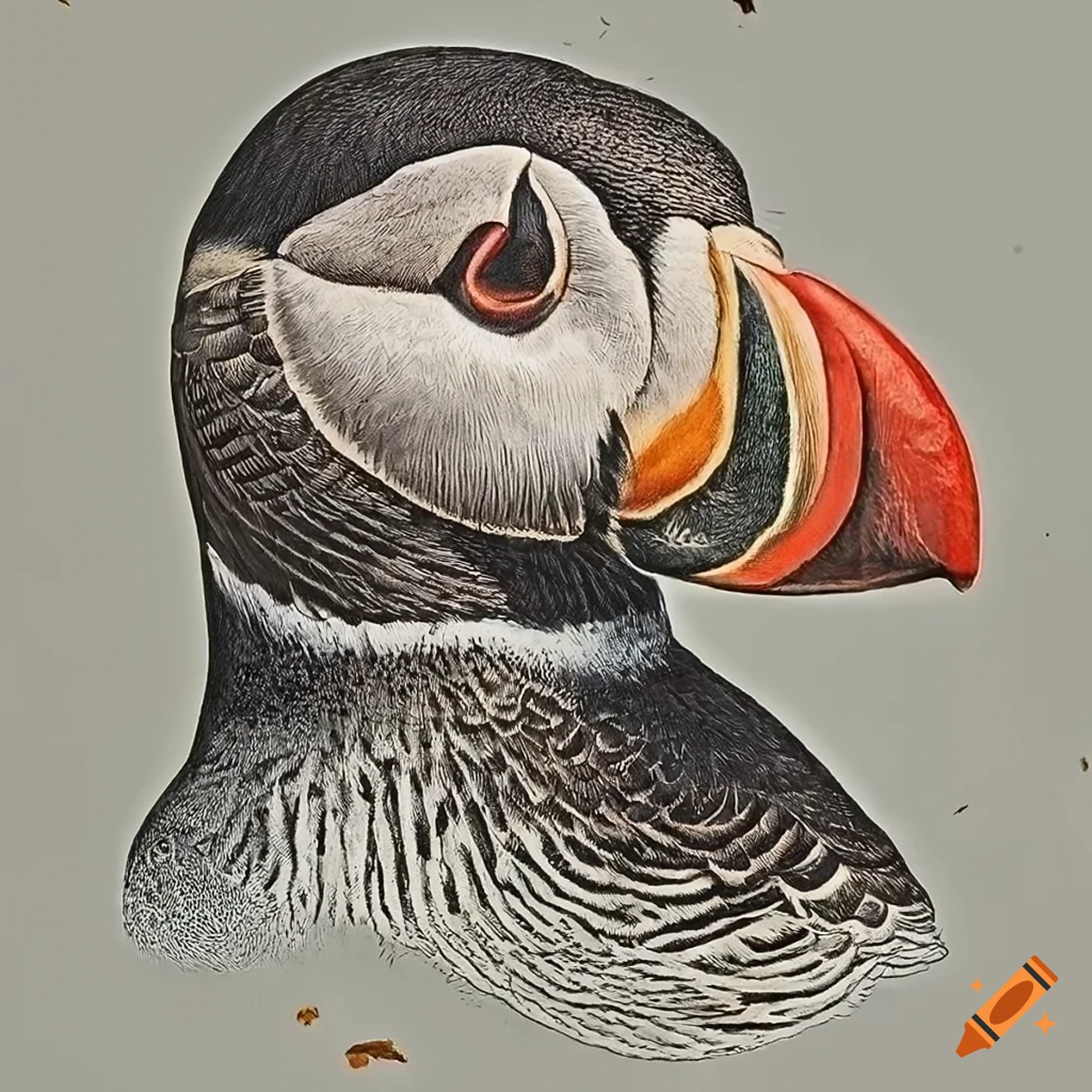 Colorful puffin wood engraving