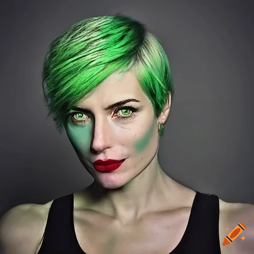 Portrait of a sporty woman with short green hair and green eyes on Craiyon