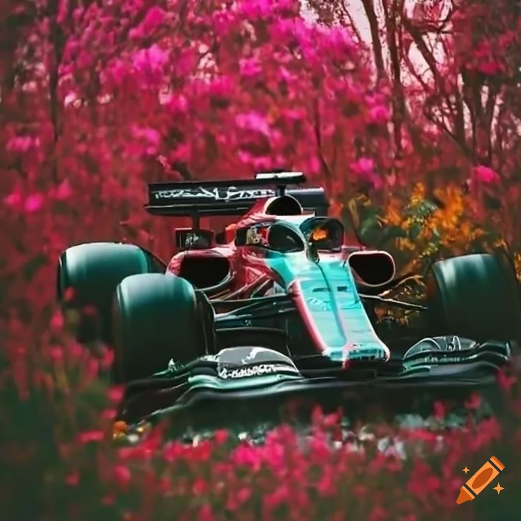 Vibrant flowers surrounding an f1 car