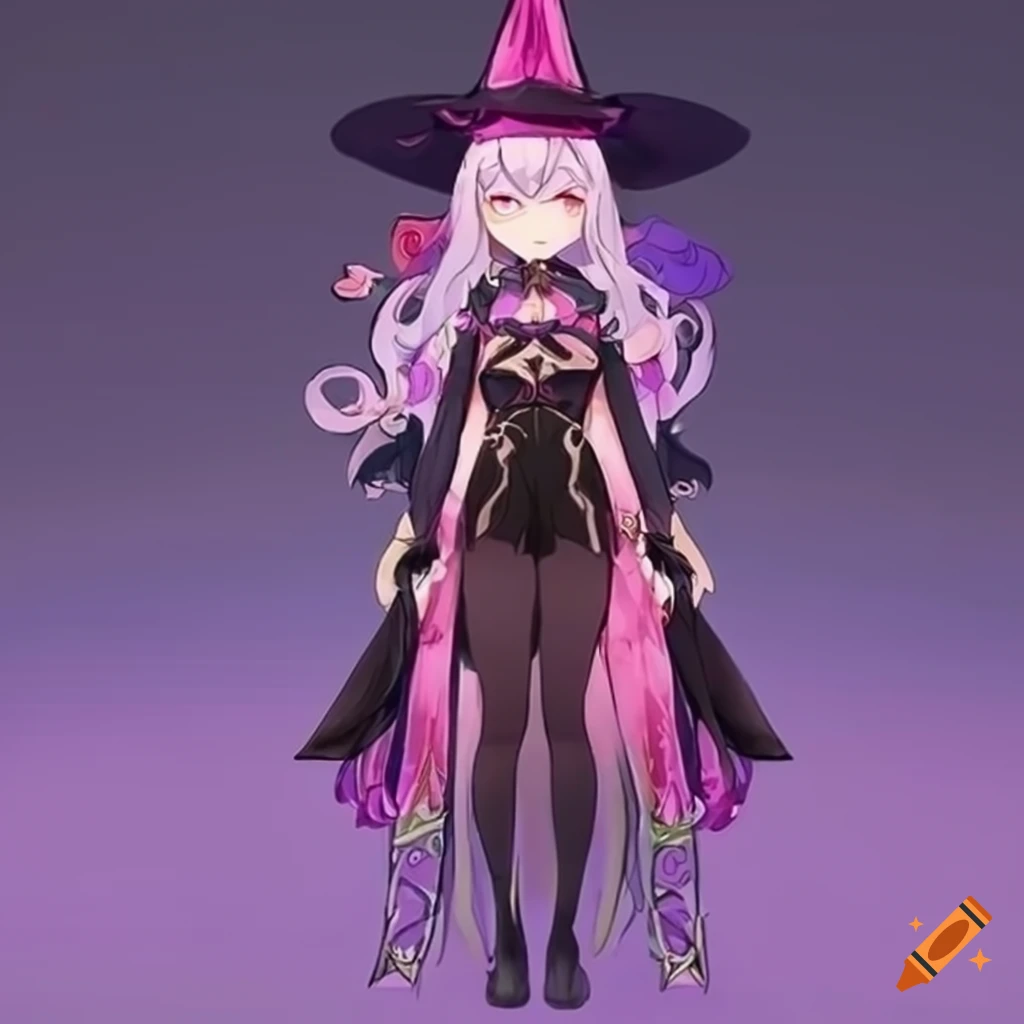 Genshin impact character in black witch dress with pink and purple accents on Craiyon