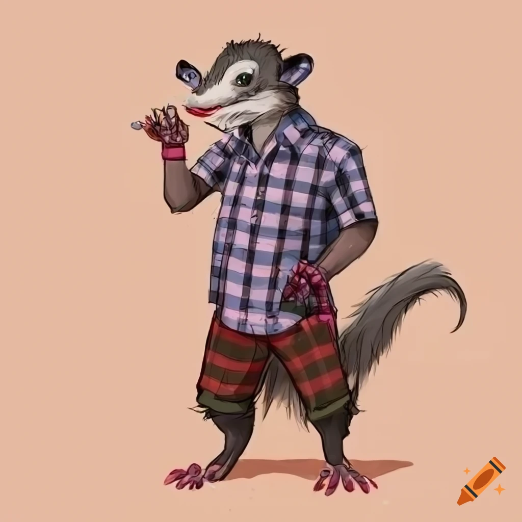 Anthropomorphic opossum man in plaid shirt