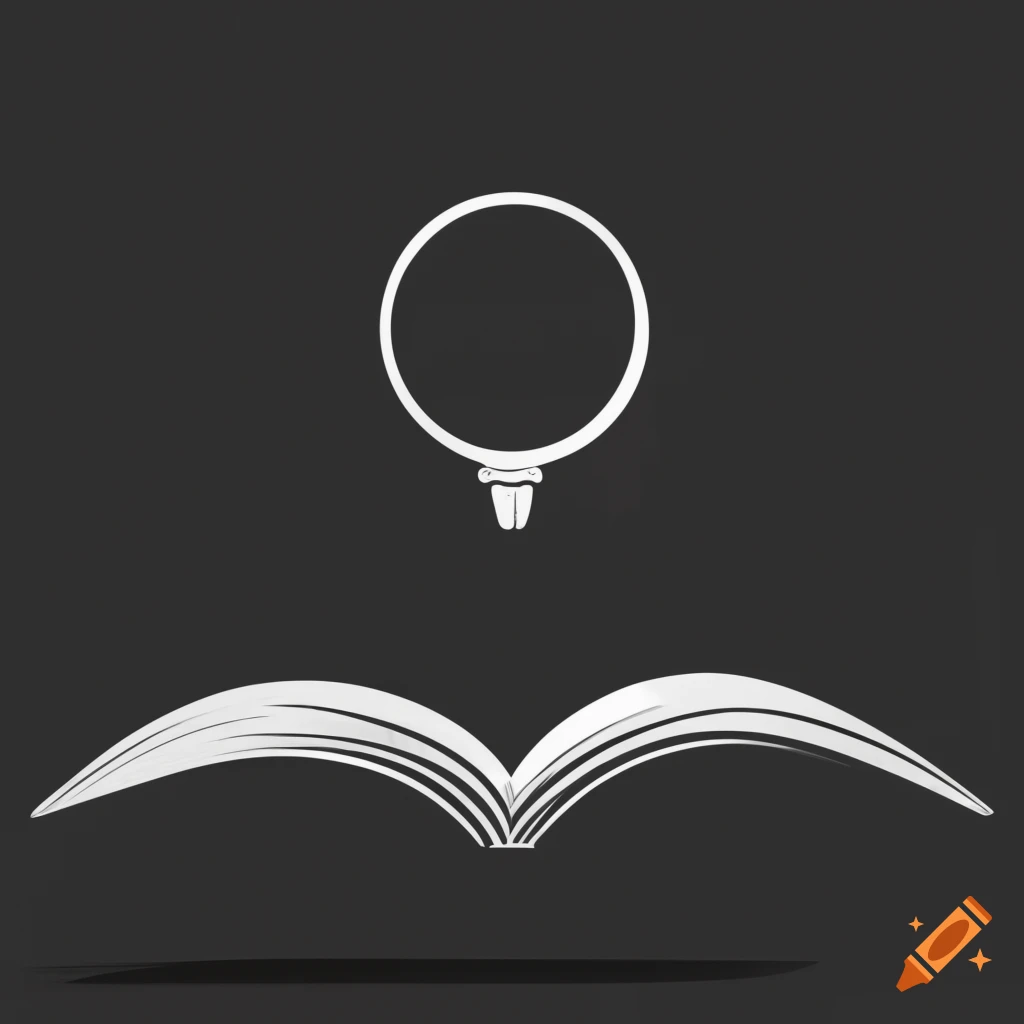 Black and white logo of a book and a magnifying glass on Craiyon