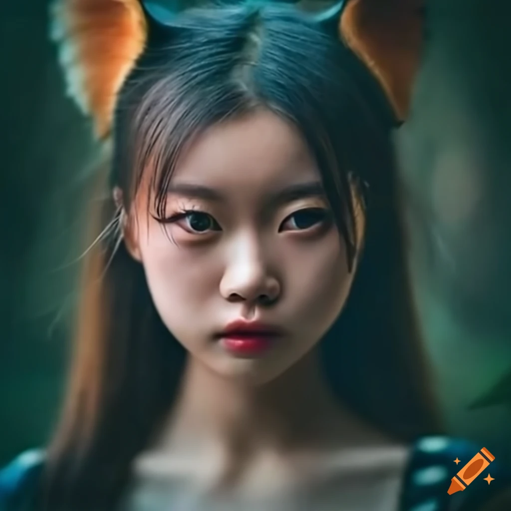 Photo of a young chinese woman with tiger ears in a forest