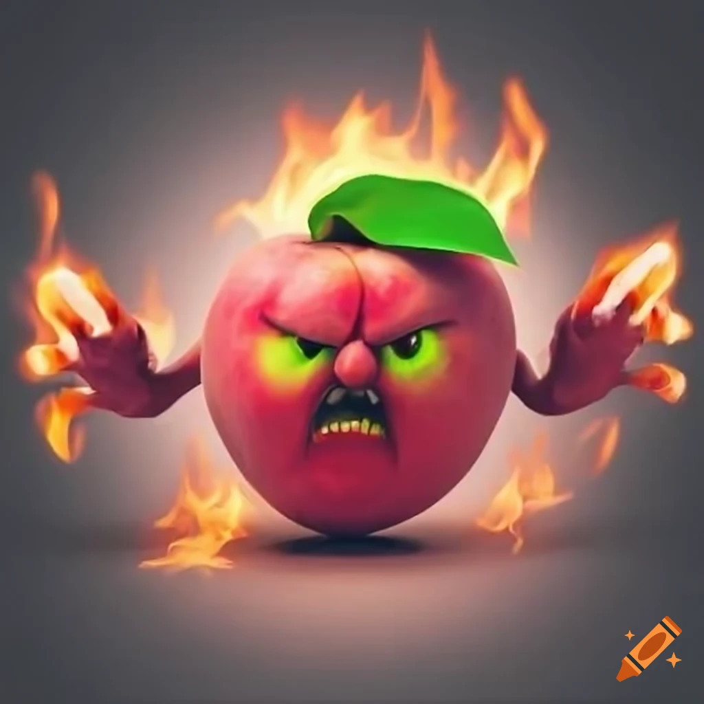 Illustration of a fiery angry peach on Craiyon