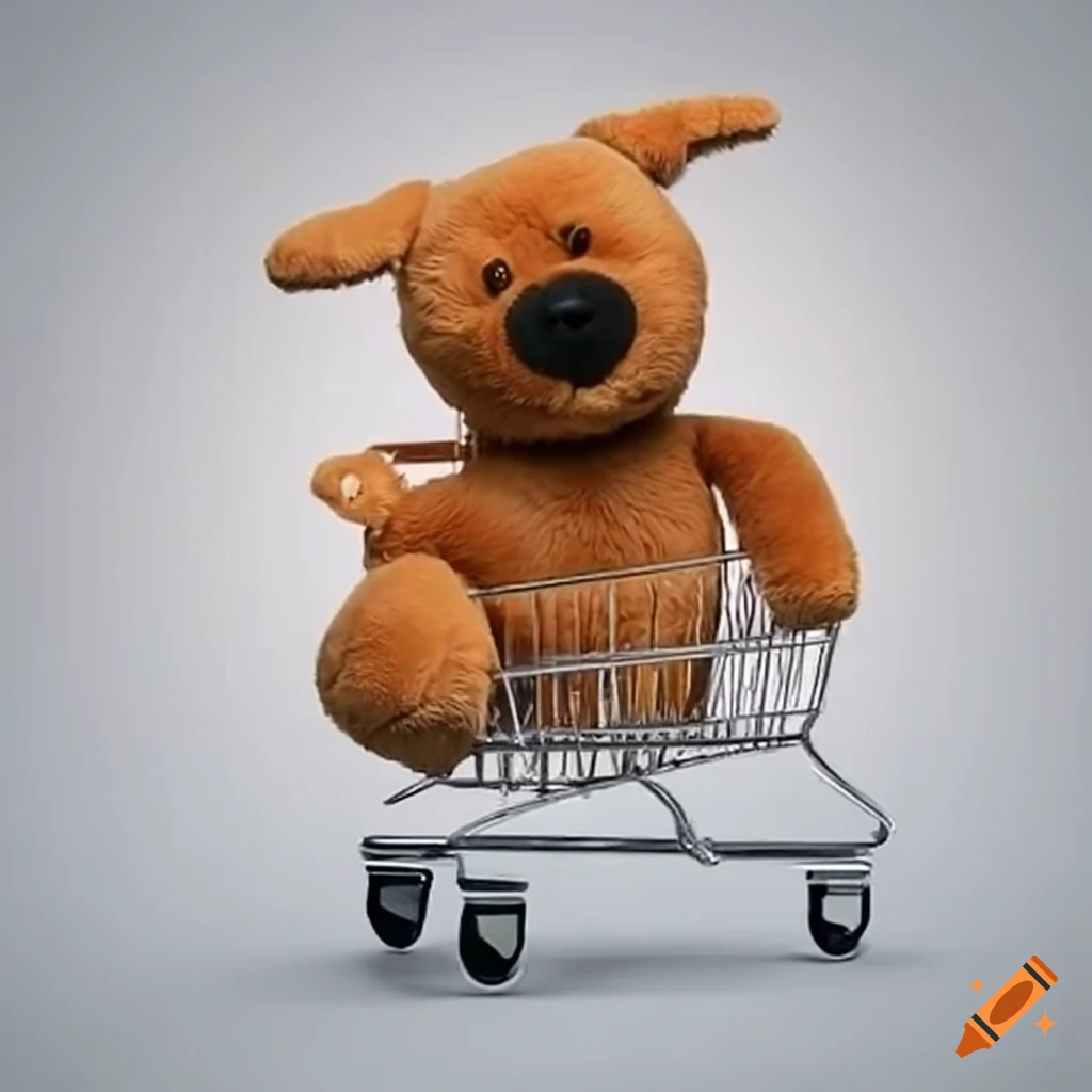 Cute stuffed dog on a shopping cart on Craiyon