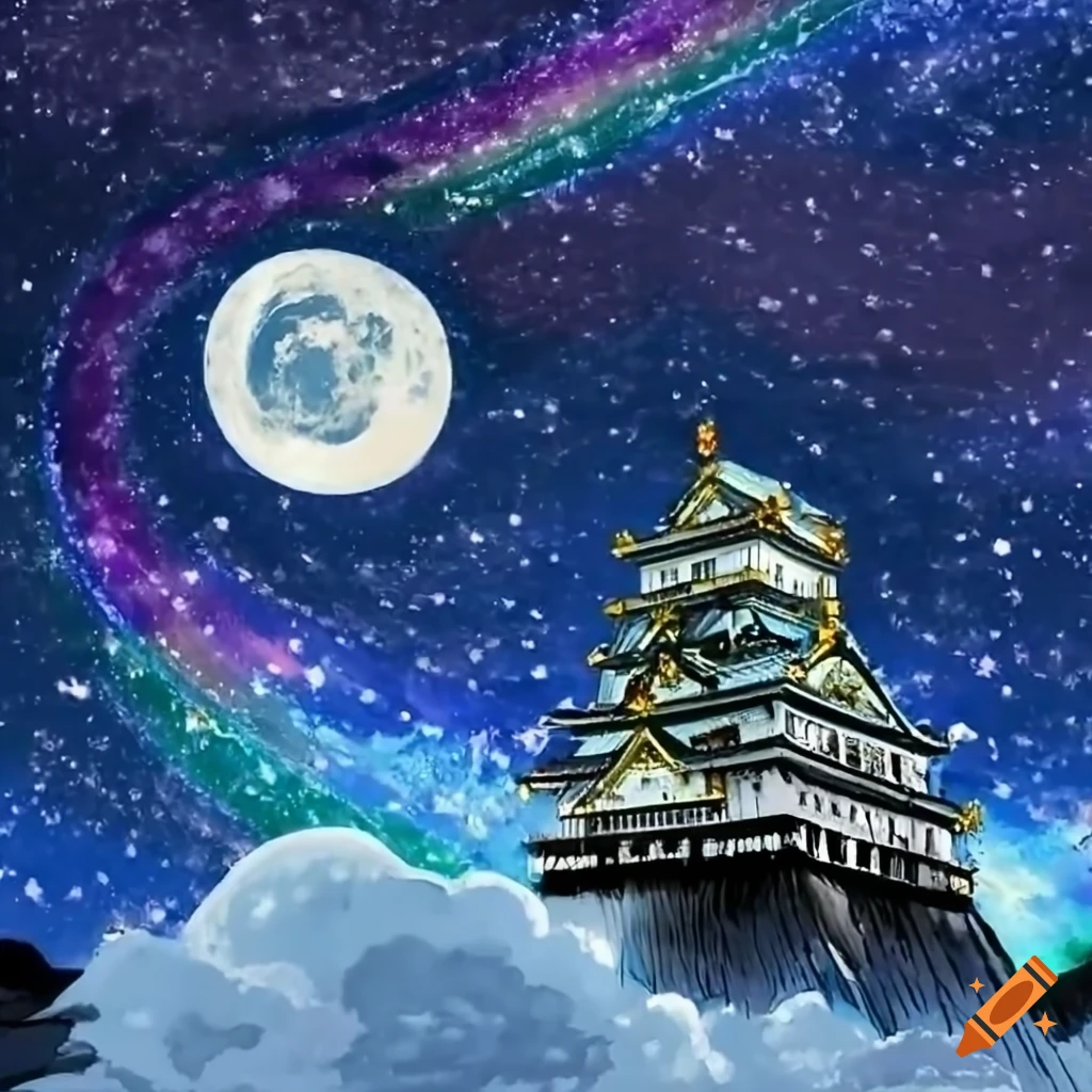 Night sky with osaka castle under a rainbow moonlight