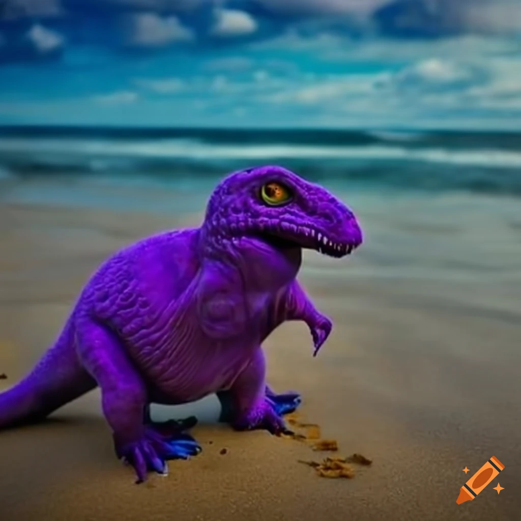 Purple dinosaur on the beach on Craiyon
